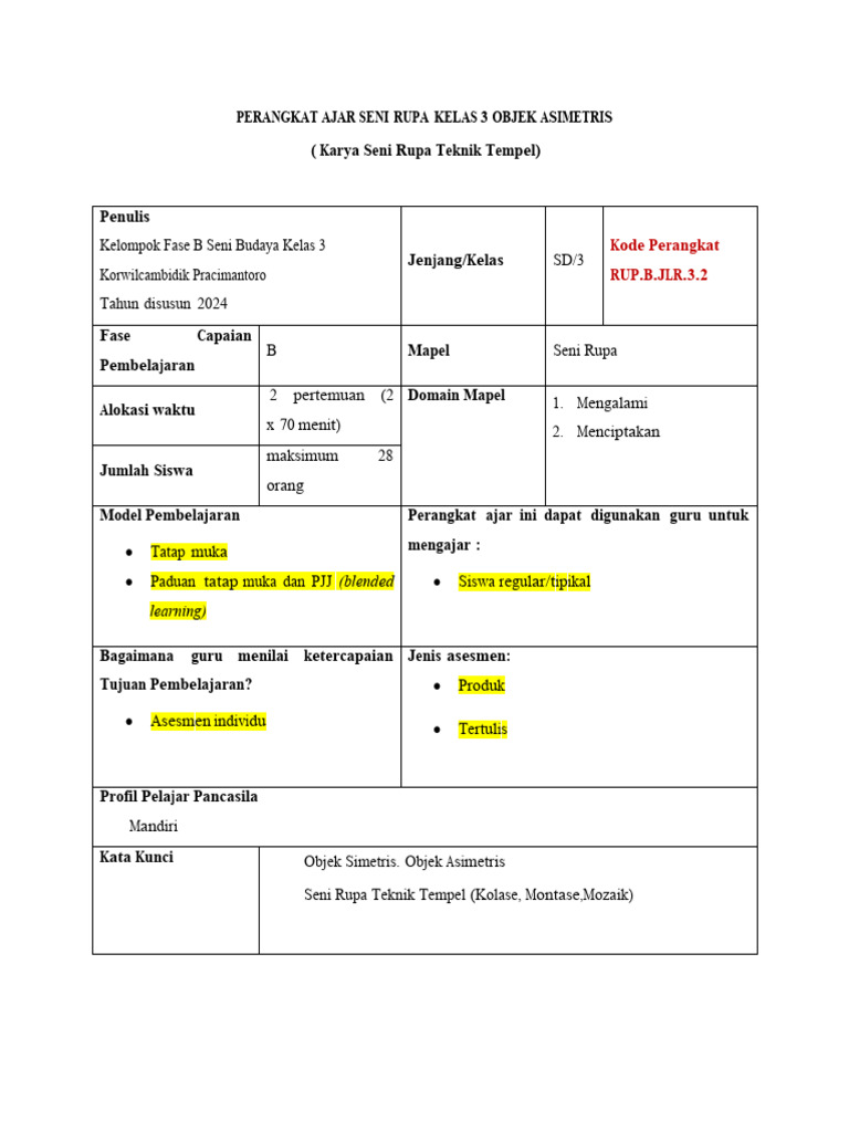 Modul Ajar Seni Rupa - Karya Seni Rupa Teknik Tempel - Fase B | PDF