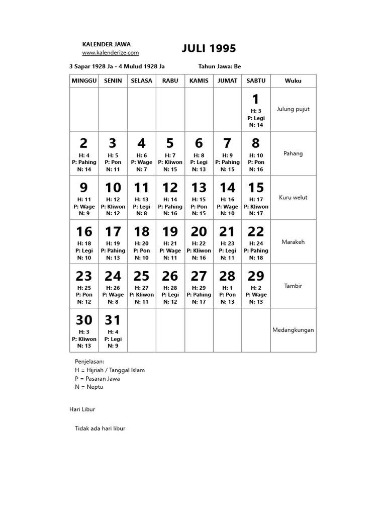 KCJPN Kalender Jawa 1995 Juli | PDF