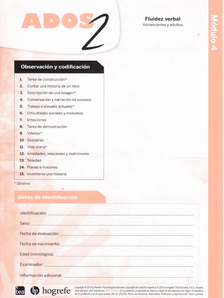 ADOS (Fluidez Verbal-Adolescentes y Adultos) MÓDULO 4 | PDF
