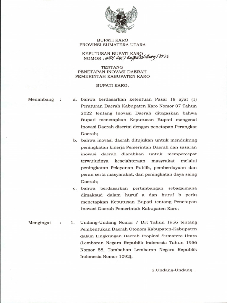 SK Bupati Tentang Penetapan Inovasi Daerah Pemerintah Kab. Karo | PDF