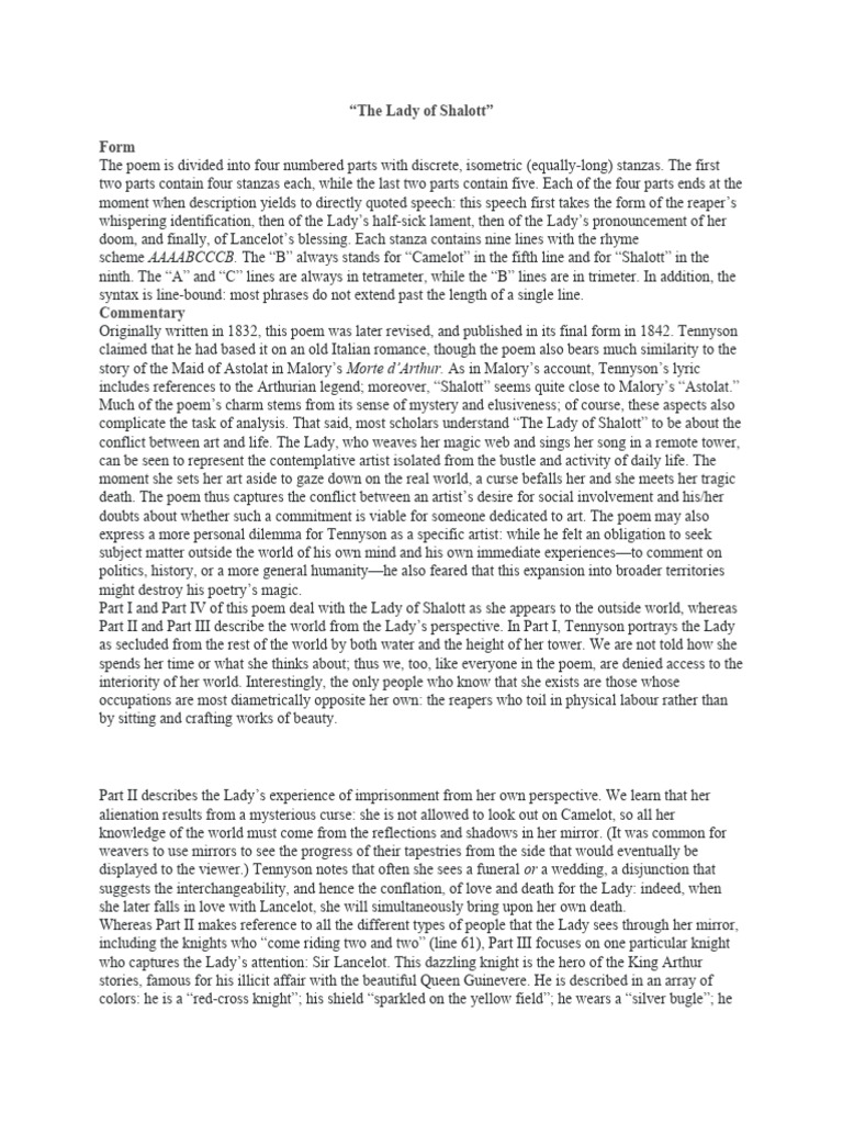 The Lady of Shalott Summary and Questions | PDF