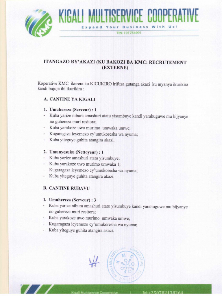 Itangazo Ry'Akazi Muri Cantines Za KMC | PDF