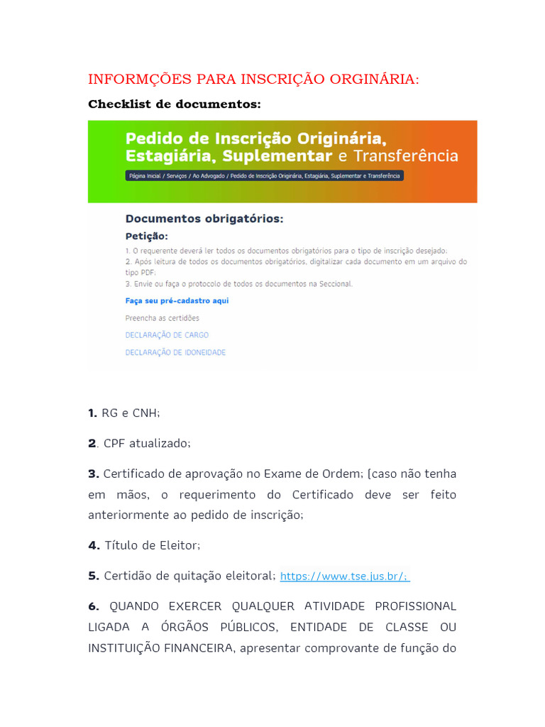 Documentos Necessários para Inscrição OAB | PDF