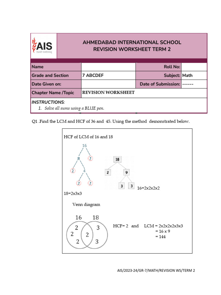 Ais - 2023-24 - GR-7 - Math - Revision WS - Term Ii. | PDF | Euclidean ...