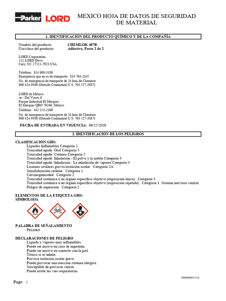 MSDS Chemlok 487 B_español | PDF | Agua | Primeros auxilios