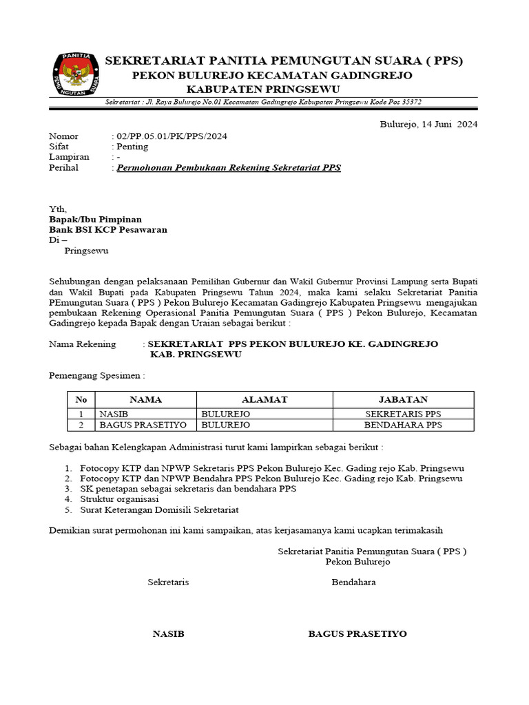 Surat Permohonan Pembukaan Rekening Sekretariat PPS | PDF