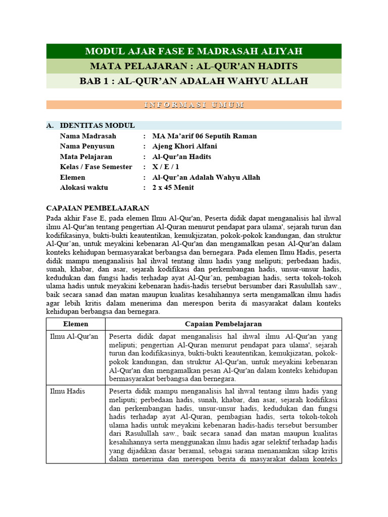 Modul Qurdis 10 Bab 1 - Al-Qur'an Adalah Wahyu Allah | PDF | Karier & Perkembangan | Sains ...