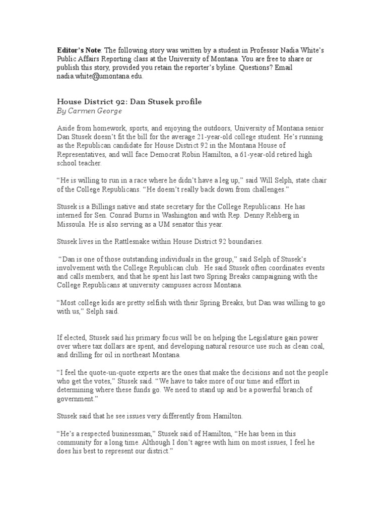 Candidate Profile, Dan Stusek | PDF | Montana | Politics Of The United ...