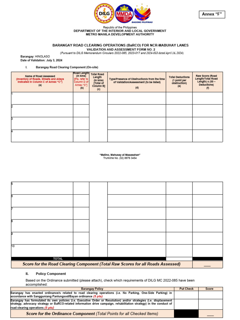 Annex F BaRCO Validation and Assessment Form No. 2 HINOLASO | PDF ...