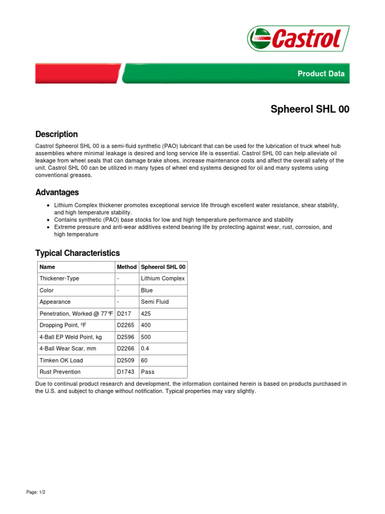 Castrol Spheerol SHL 00 Lubricant Guide | PDF | Lubricant