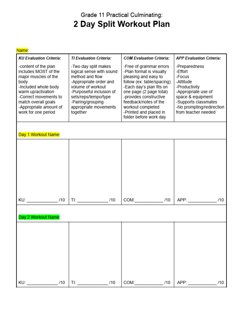 Erick Zhao - GR 11 Practical Culminating - 2 Day Split Workout Plan ...