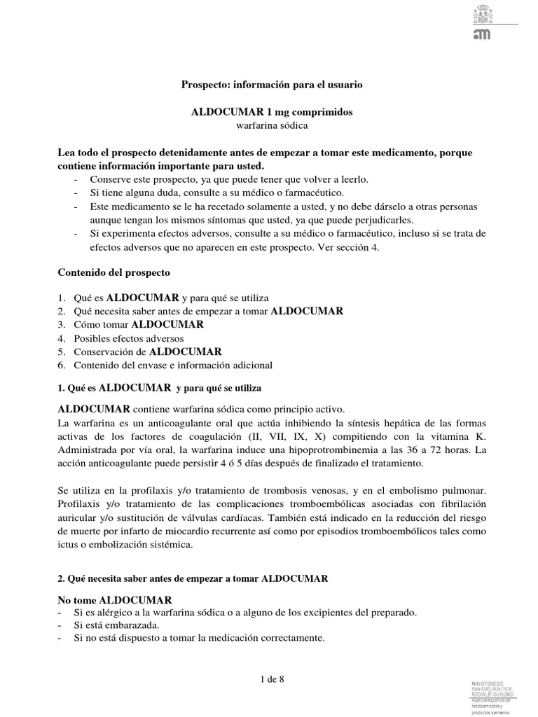 Uso Seguro de ALDOCUMAR 1 mg: Guía Completa | PDF | Medicamentos con ...