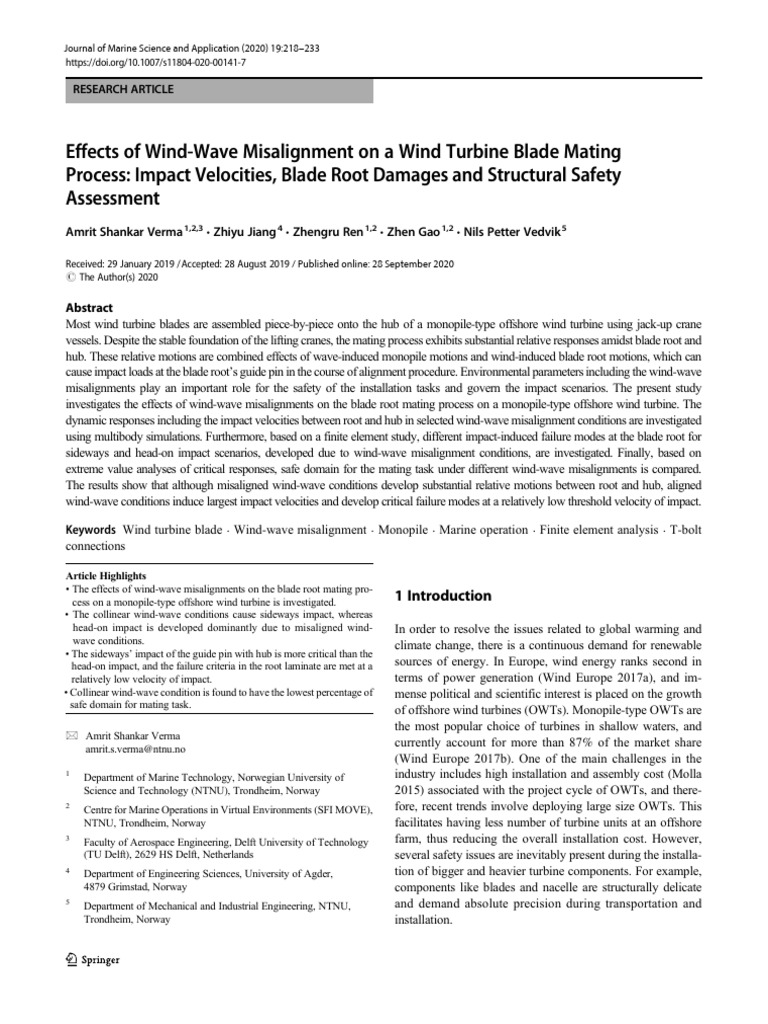 Effects Of Wind Wave Misalignment On A Wind Turbine Blade Mating Process Impact Velocities