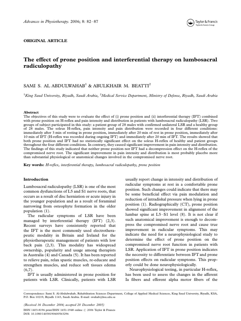 The Effect of Prone Position and Interferential TH | PDF | Pain | Physical Therapy