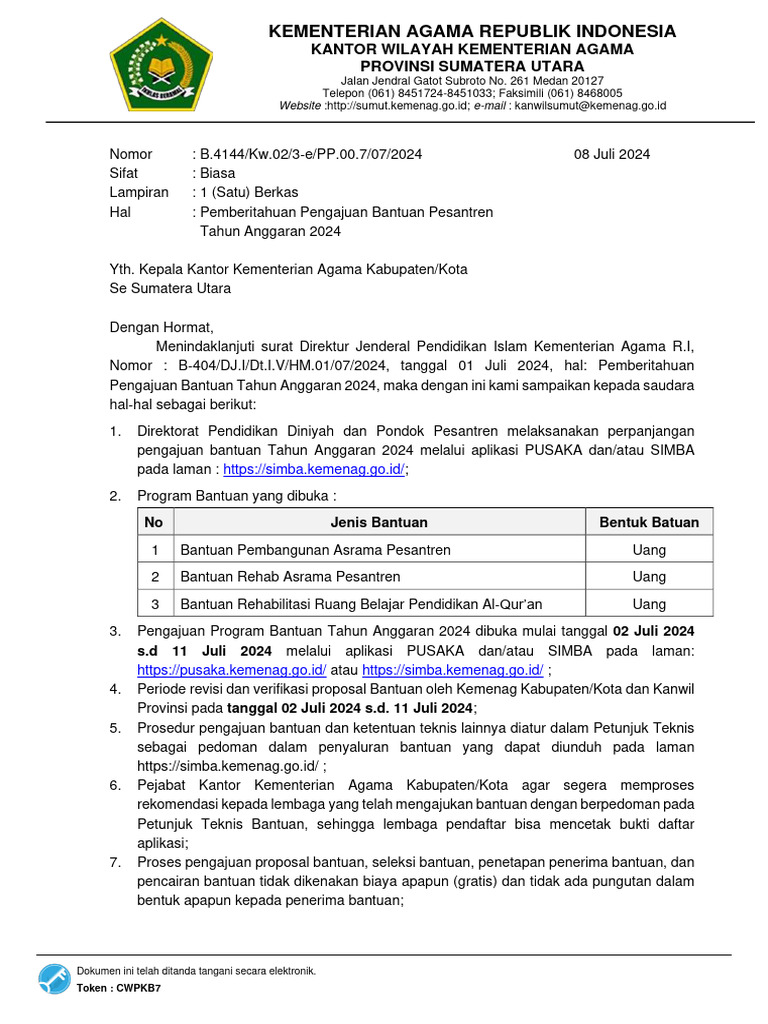 Surat_Biasa_4144_Pemberitahuan Pengajuan Bantuan Pesantren Tahun 2024 | PDF
