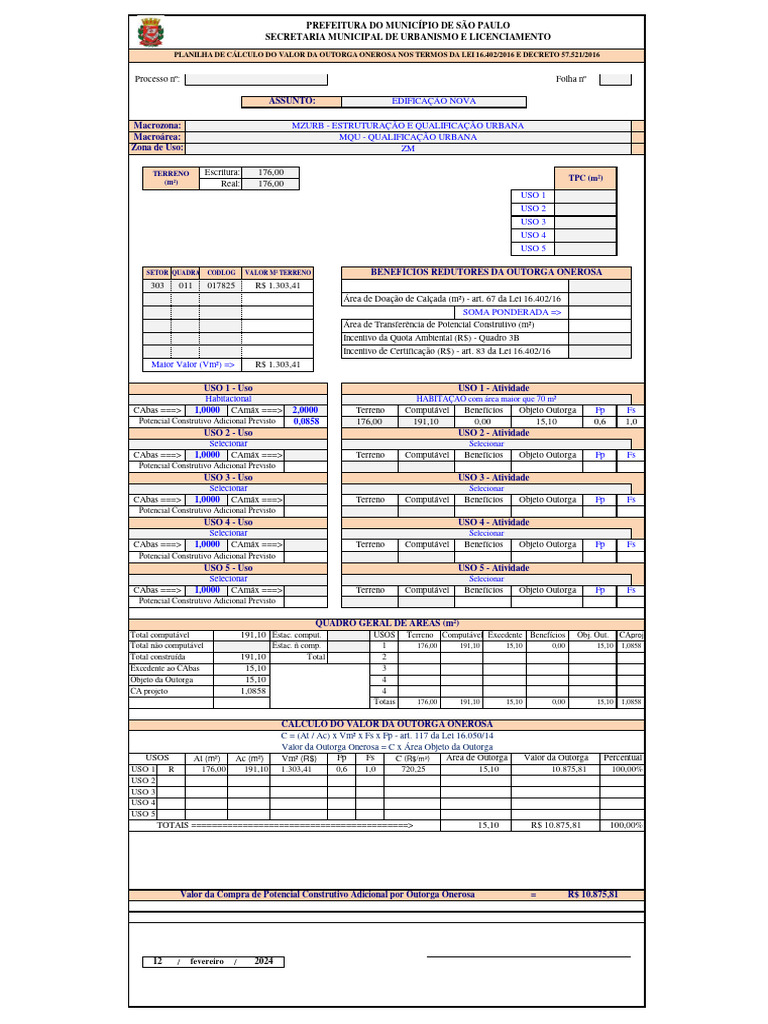 Planilha Outorga Onerosa - R00 | PDF