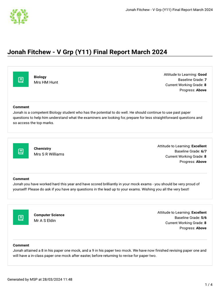 Jonah Fitchew Y11 Final Report 2024 | PDF