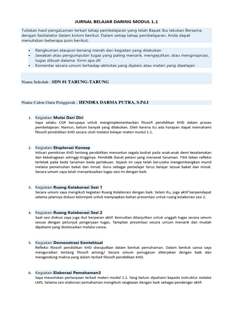 Jurnal Belajar Daring Modul 1.1 (HDP) | PDF