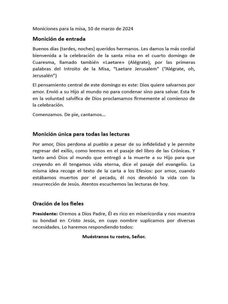 Moniciones para La Misa 10-03-2024 | PDF | eucaristía | Cristo (título)