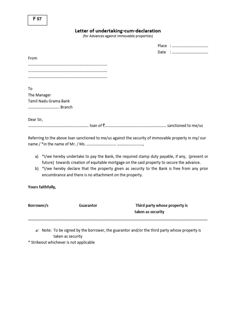 F57. Letter of Undertaking Cum Declaration For Loan Against Immovable Properties | PDF