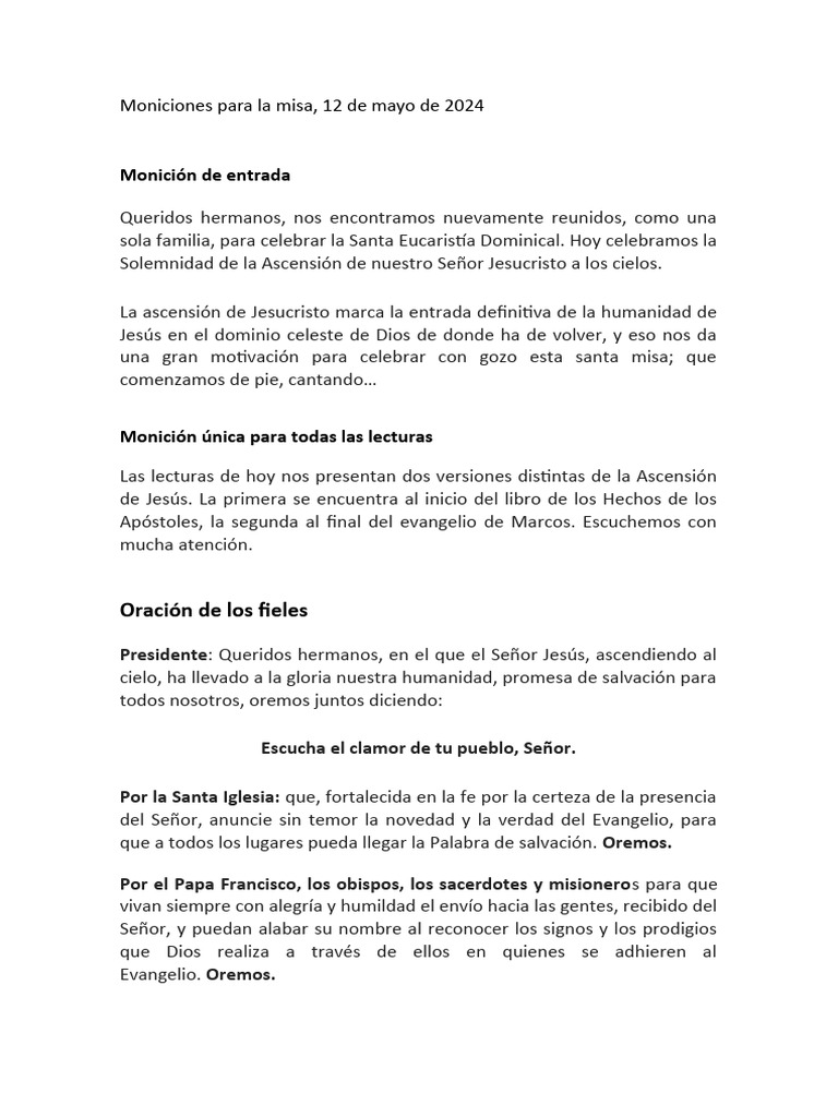 Moniciones para La Misa 12-05-2024 | PDF | eucaristía | Cristo (título)