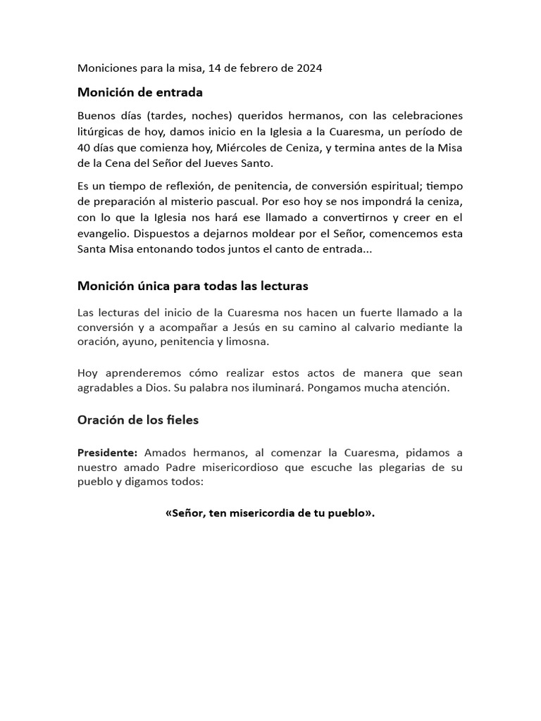 Moniciones para La Misa 14-02-2024 | PDF | Prestado | Adoración ...