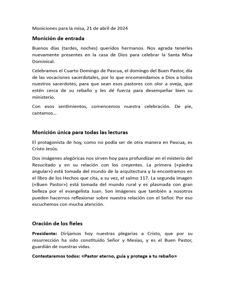 Moniciones Para La Misa 21-04-2024 | PDF | eucaristía | Cristo (título)