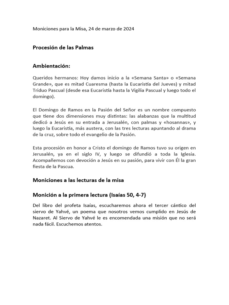 Moniciones Para La Misa 24-03-2024 | PDF | eucaristía | Jesús