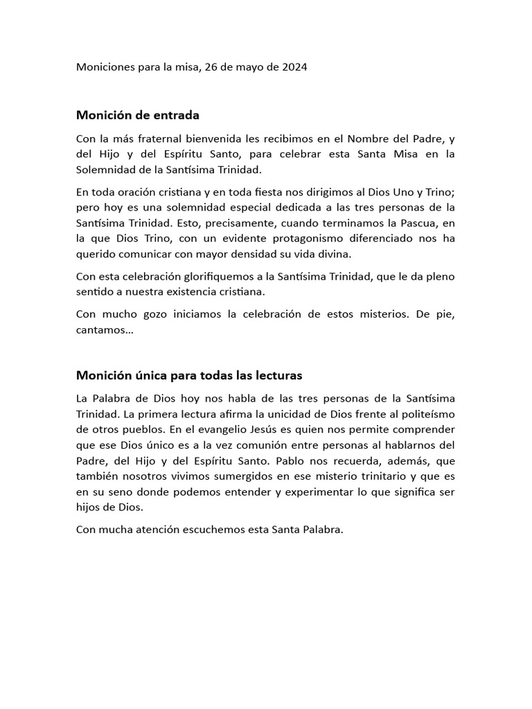 Moniciones para La Misa 25-05-2024 | PDF | Trinidad | eucaristía
