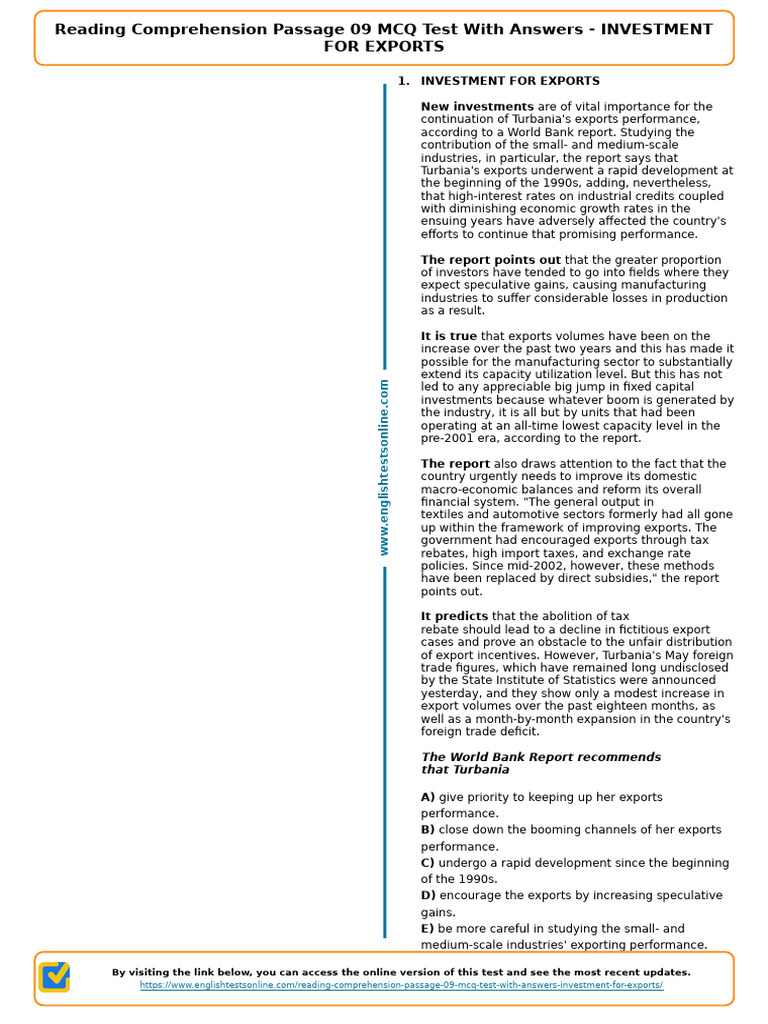 Reading Comprehension 1 - Investment-For-exports | PDF | Exports ...