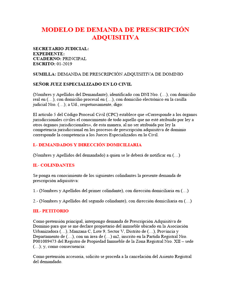 Modelo de Demanda de Prescripción Adquisitiva 01 | PDF | Posesión (Ley ...