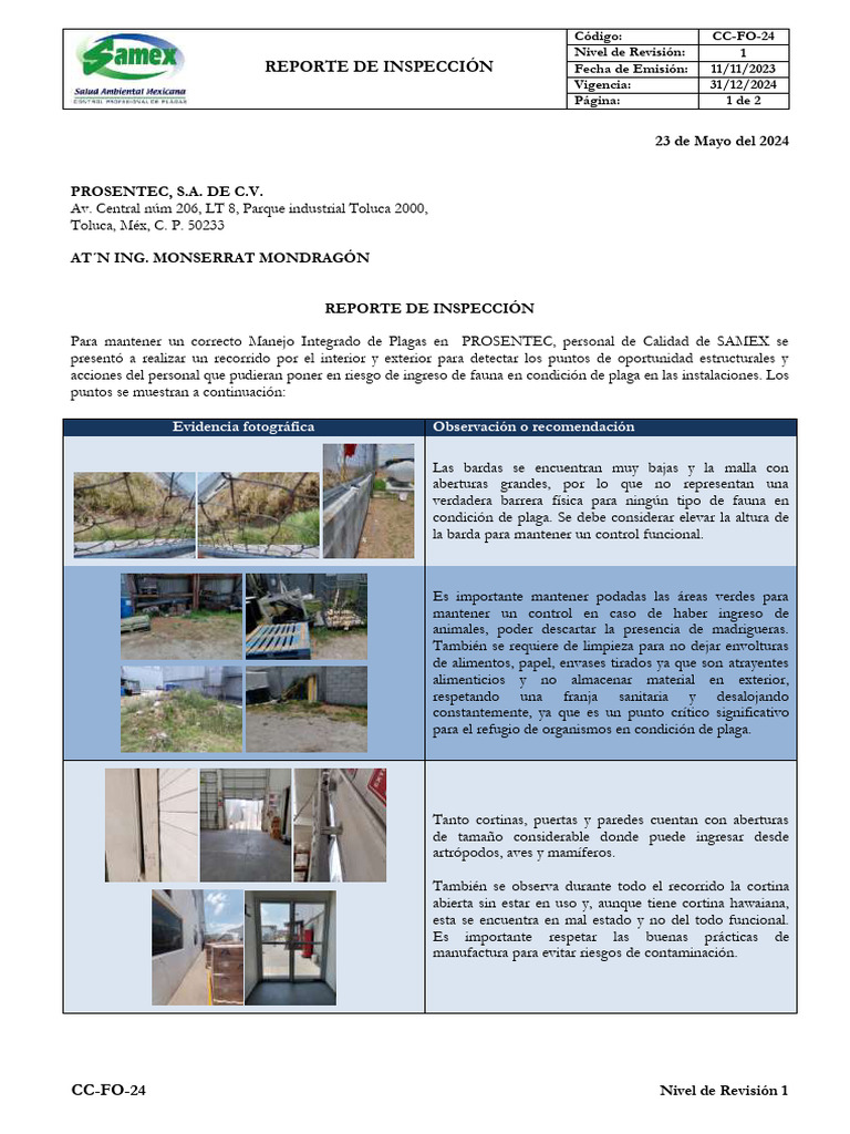 Reporte de Inspección Prosentec 20-05-2024 | PDF