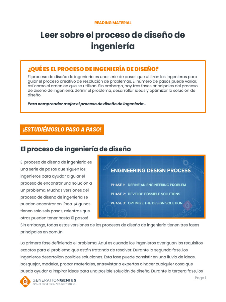Proceso de Diseno de Ingenieria Material de Lectura 6 A 8 Grado | PDF ...