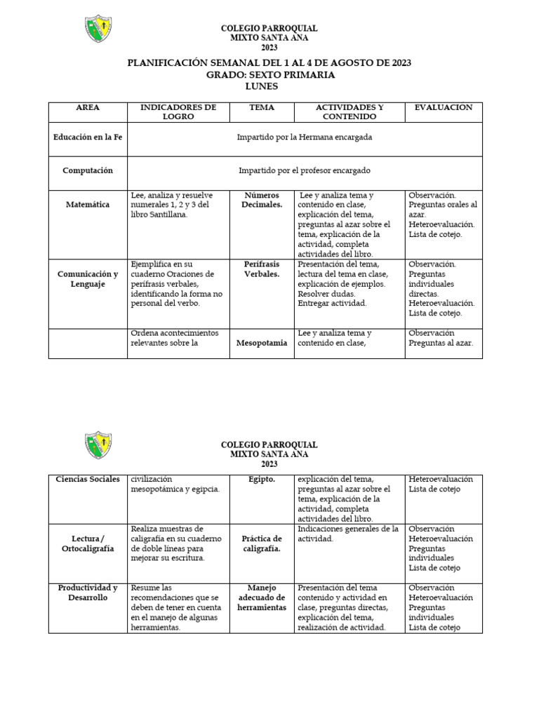 PLANIFICACION SEMANA 6. Tercer Bimestre 2023. | PDF | Comunicación ...
