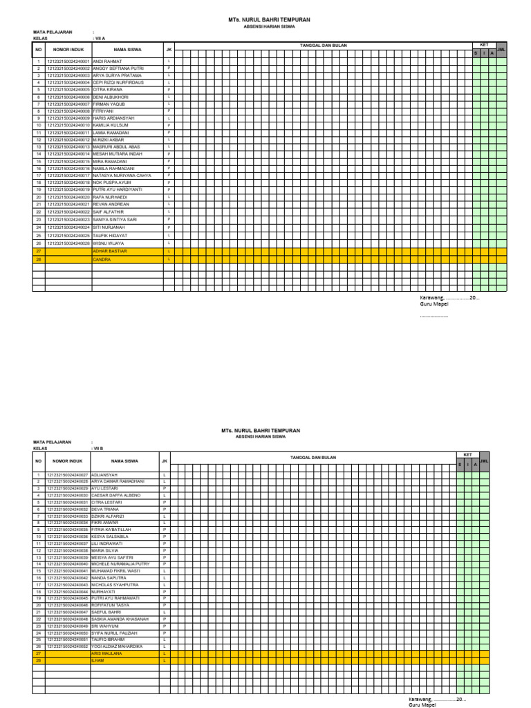 Absensi Kelas 7 | PDF