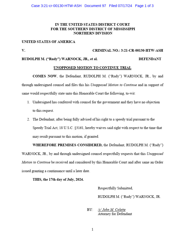Warnock 97 Continuance Motion | PDF | Continuance | Courts