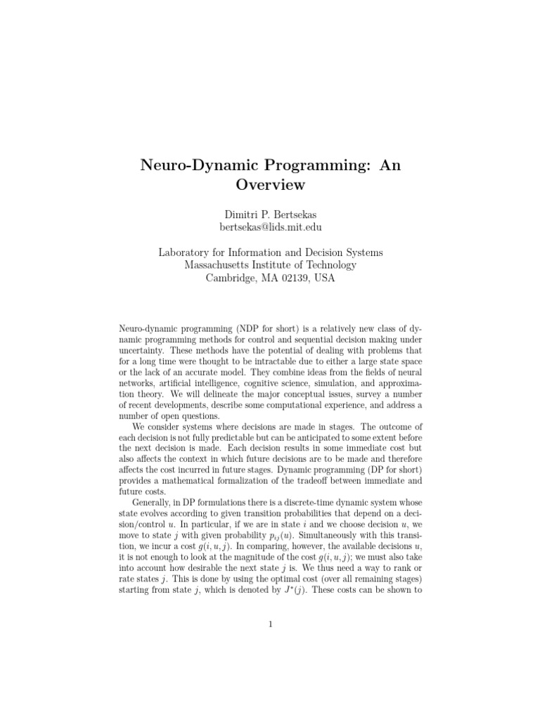 Neuro-Dynamic Programming An Overview Dimitri P. Bertsekas | Download Free PDF | Mathematical ...