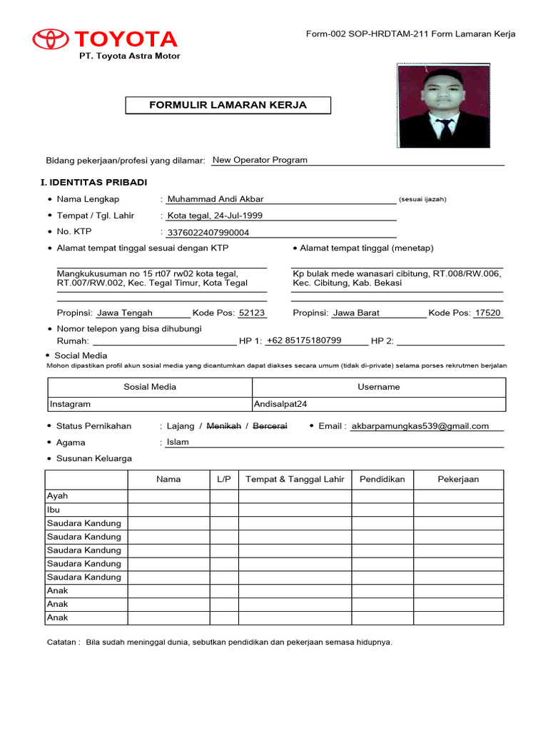 Toyota Job Application Form