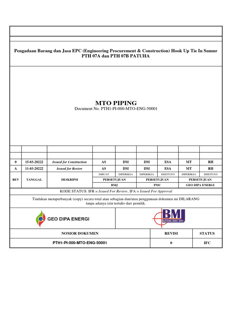 PTH1-PI-000-MTO-ENG-50001 MTO Piping | PDF