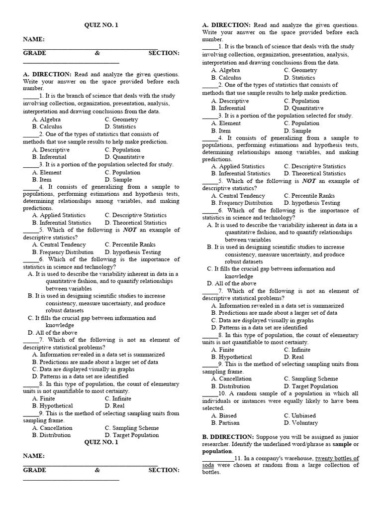 Quarter 1 Quiz 1 | PDF | Statistics | Sampling (Statistics)