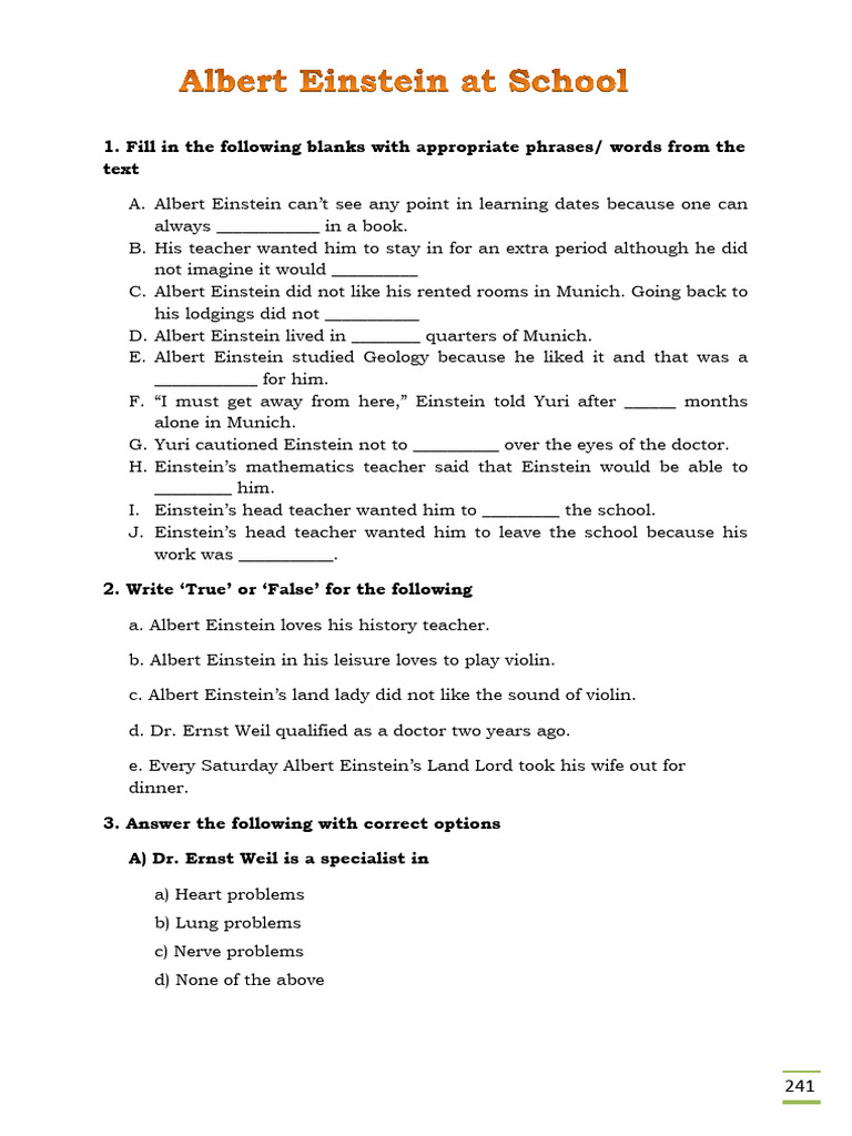Albert Einstein at School Questions Answers | PDF | Albert Einstein