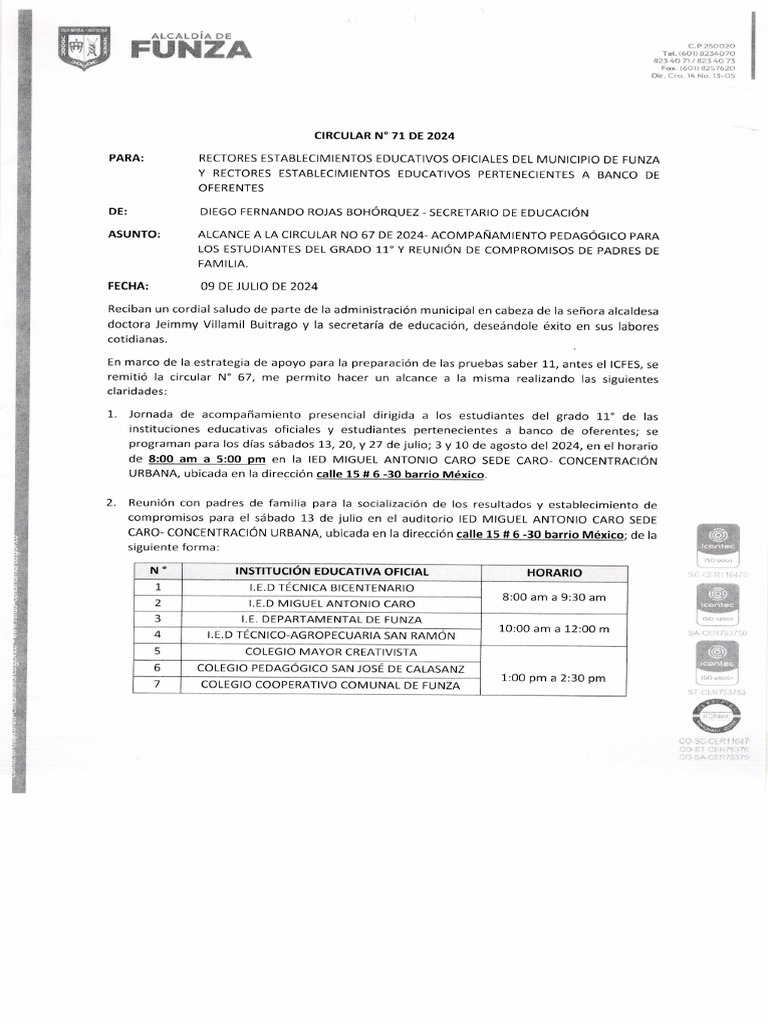 Circular #71 - Pruebas Saber Alcance A La Circular #67 | PDF