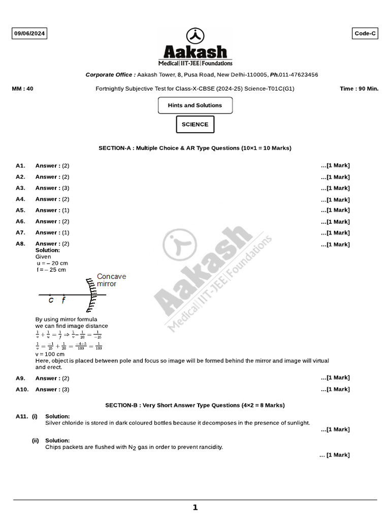 FST-1C (CBSE - G-1) Science (C-10) (09-06-2024) - SOL | PDF FST-1C (CBSE - G-1) Science (C-10) (09-06-2024) - SOL | PDF
