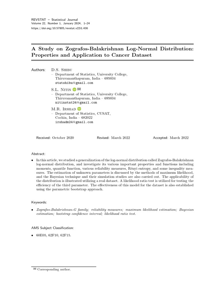 A Study on Zografos-Balakrishnan Log-Normal Distribution:Properties and Application to Cancer ...