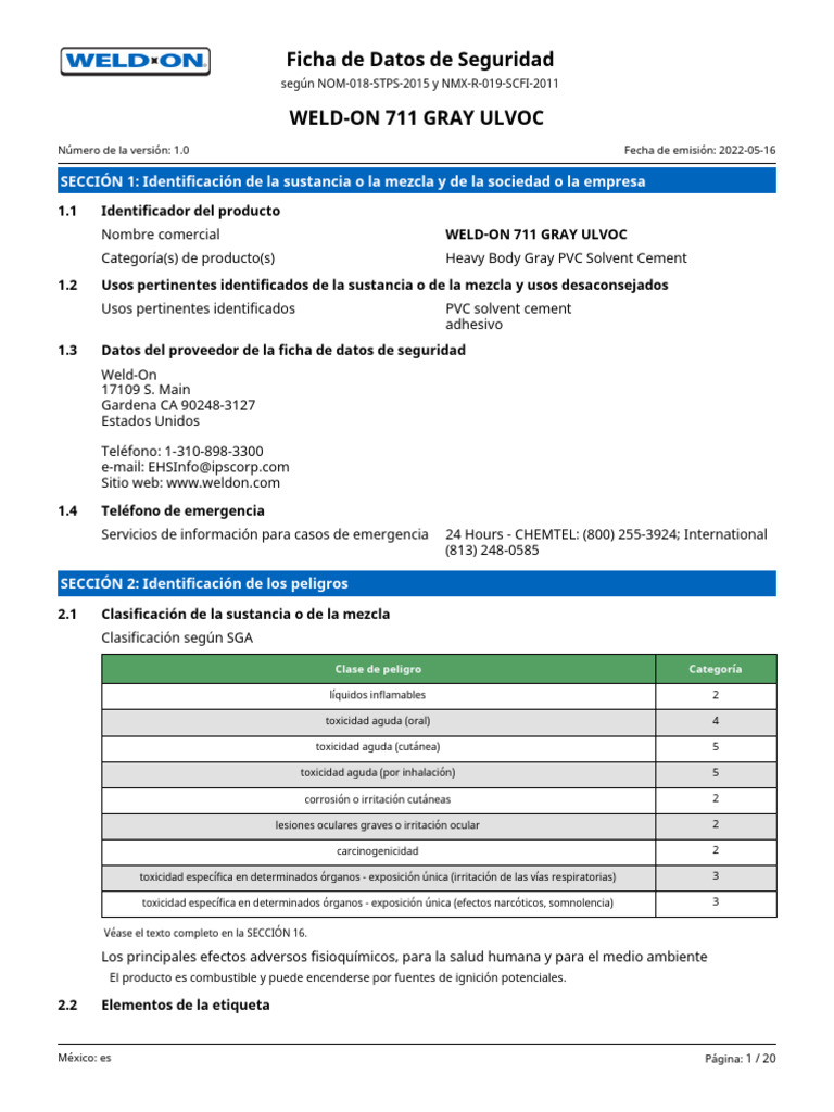 Cemento Solvente PVC WELD-ON 711: Seguridad y Uso | PDF | Contaminación