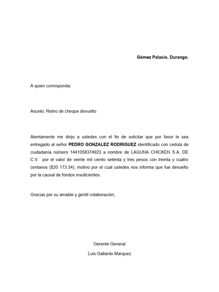 Carta Recoger Cheques Devueltos | PDF