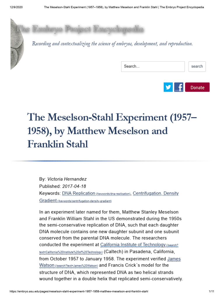 The Meselson-Stahl Experiment (1957-1958), by Matthew Meselson and ...