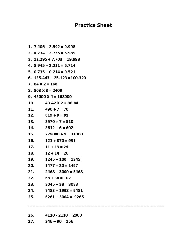 Mental Maths Practice Sheet | PDF