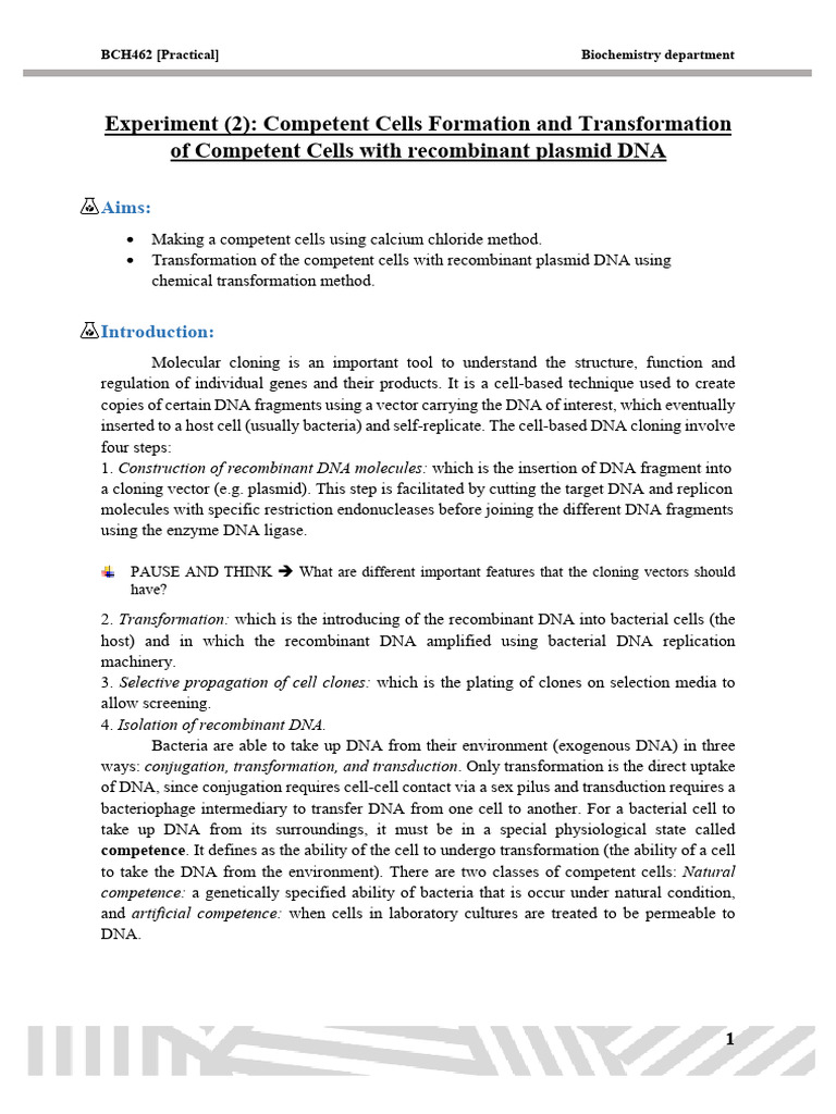 2 Competent Cells Formation and Transformation of Competent Cells With ...