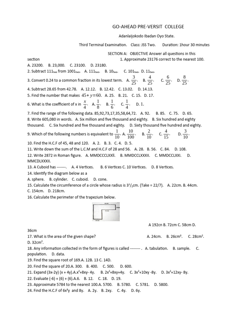 JSS Two Mathematics 3rd T | PDF | Area | Euclidean Geometry